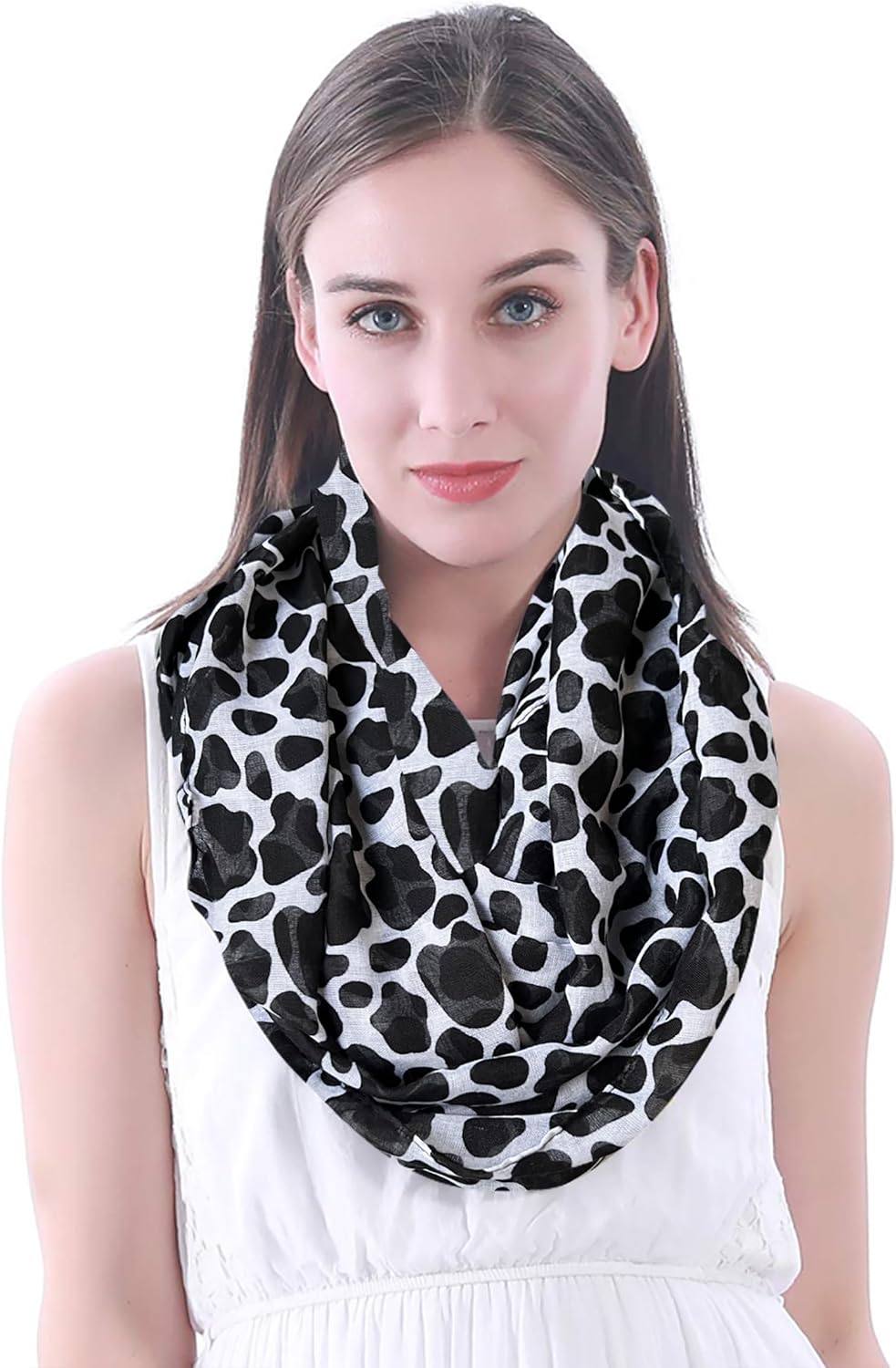 Lina & Lily Cow Animal Print Women's Infinity Scarf Lightweight (Black ...