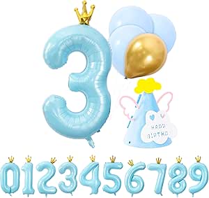 Amazon.com: MJartoria 40 Inch Blue Number 3 Balloons with Crown with ...