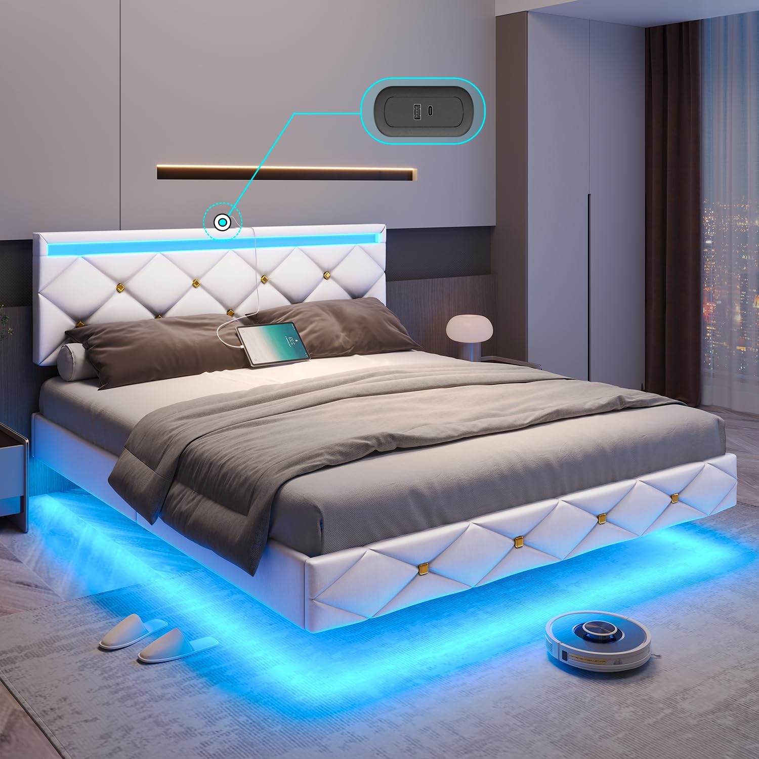 Amazon.com: DICTAC Queen Floating Bed Frame with LED Lights and USB ...