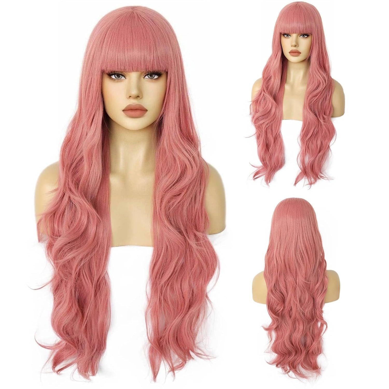 Amazon.com: ANOGOL Hair Cap+86Cm/34Inch Pink Wig Pink Curly Wig For ...