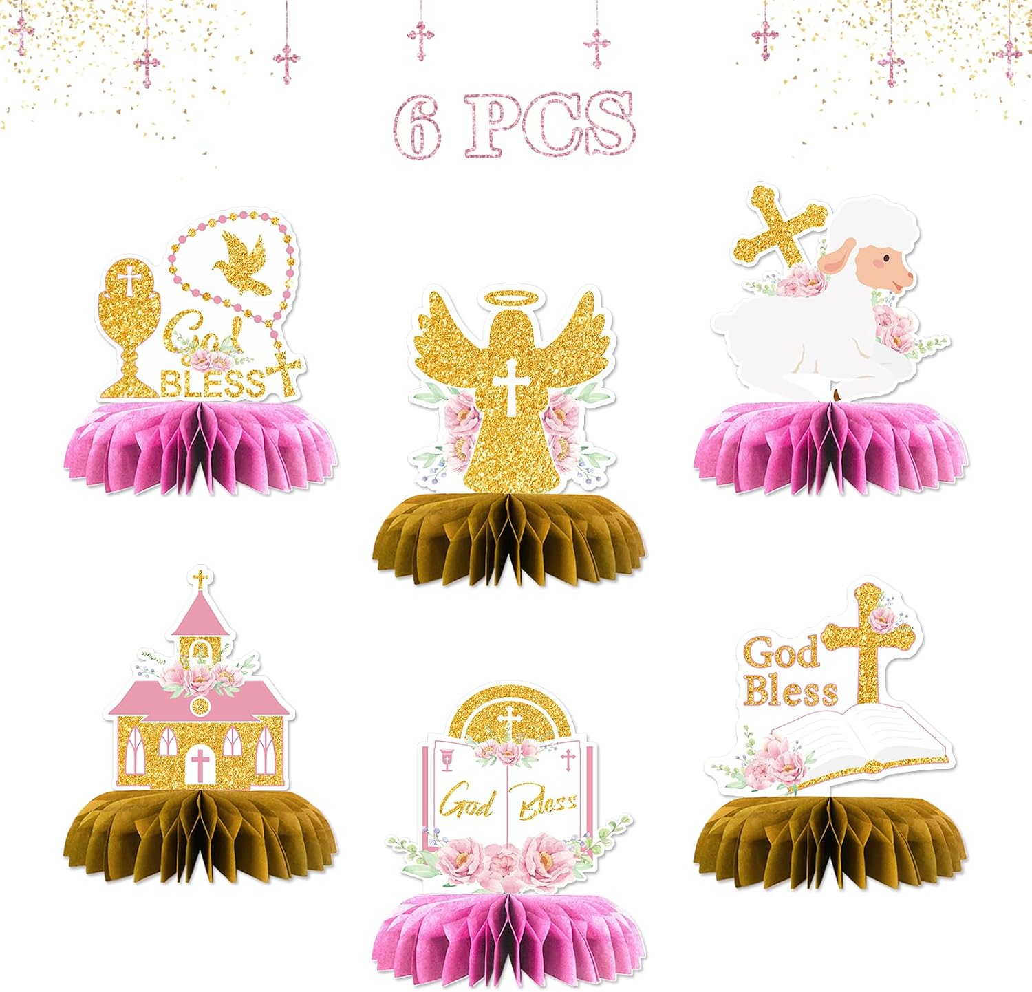 Amazon.com: INNORU God Bless Table Honeycomb Centerpieces, Mi Bautizo ...