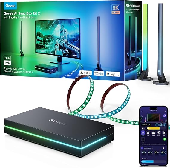 Govee HDMI 2.1 AI Sync Box Kit 2, Includes Light Bars, and Monitor Backlight, Supports 8K@60Hz ...
