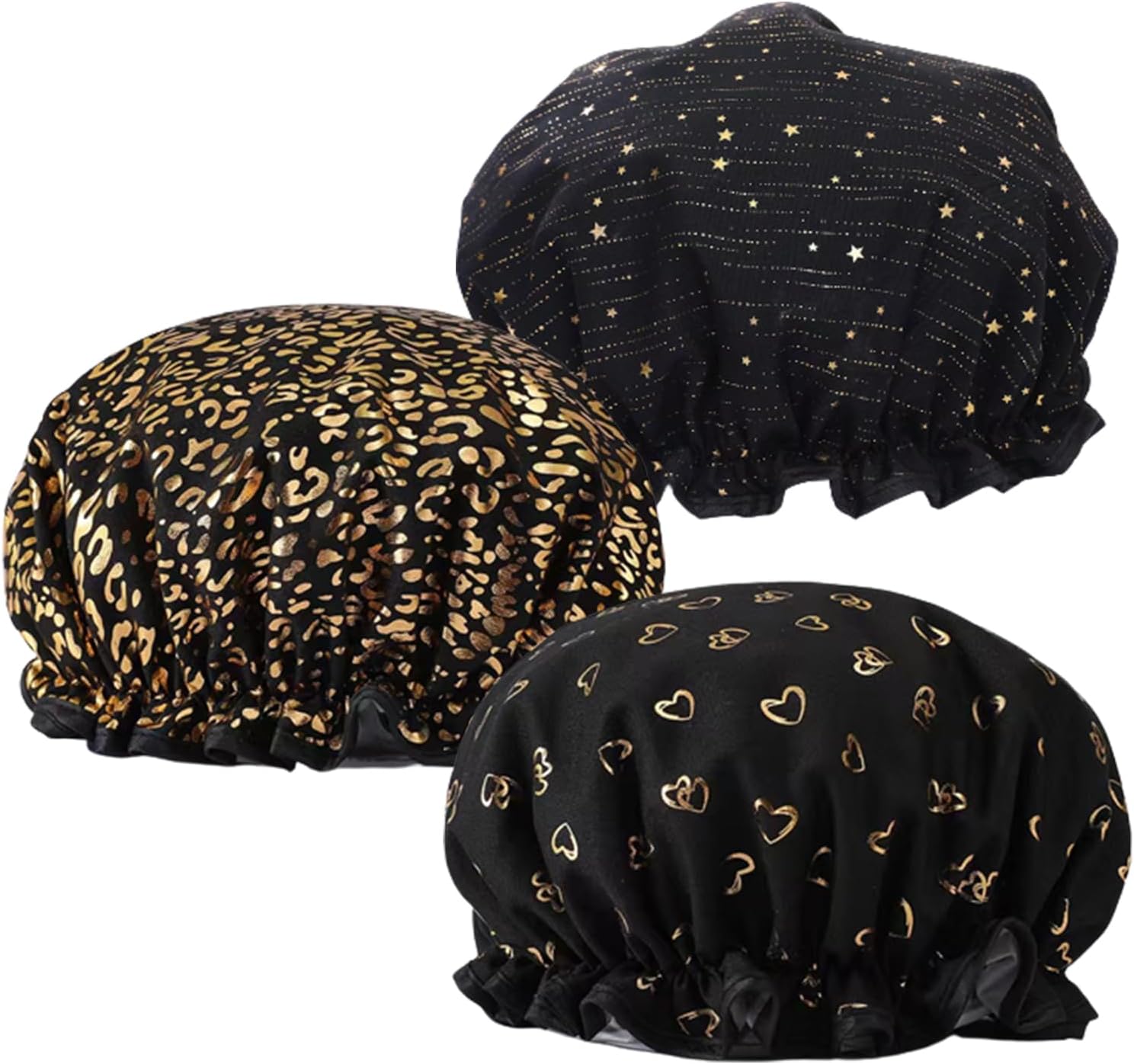 Shower Caps, 3 Pack Black Adjustable Shower Cap Waterproof Bath Hat for ...