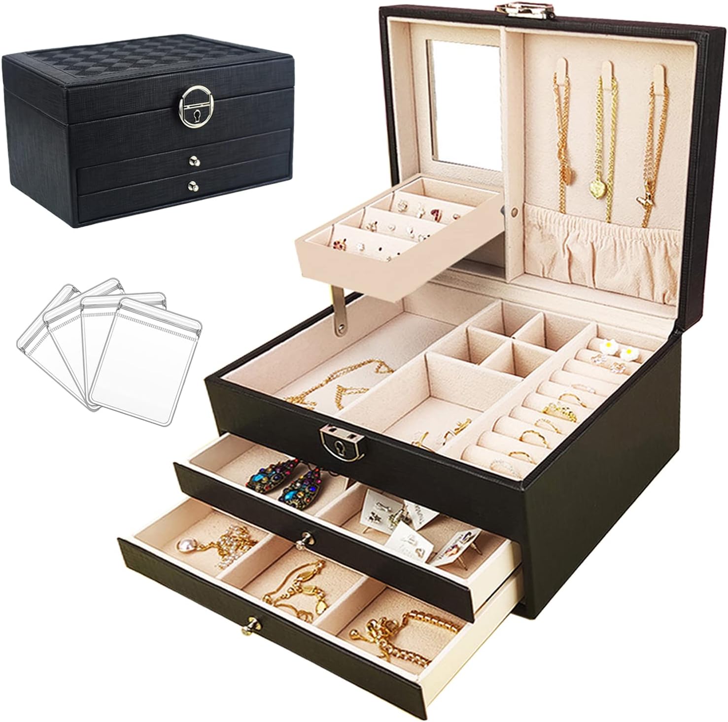 Amazon.com: Black Jewelry Storage Box, 3 Layer Large Jewelry Organizer ...