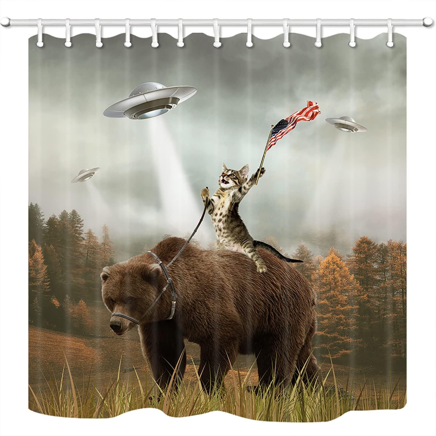 Amazon.com: Shocur Alien Shower Curtain, Funny Cat Riding Brown Bear on ...