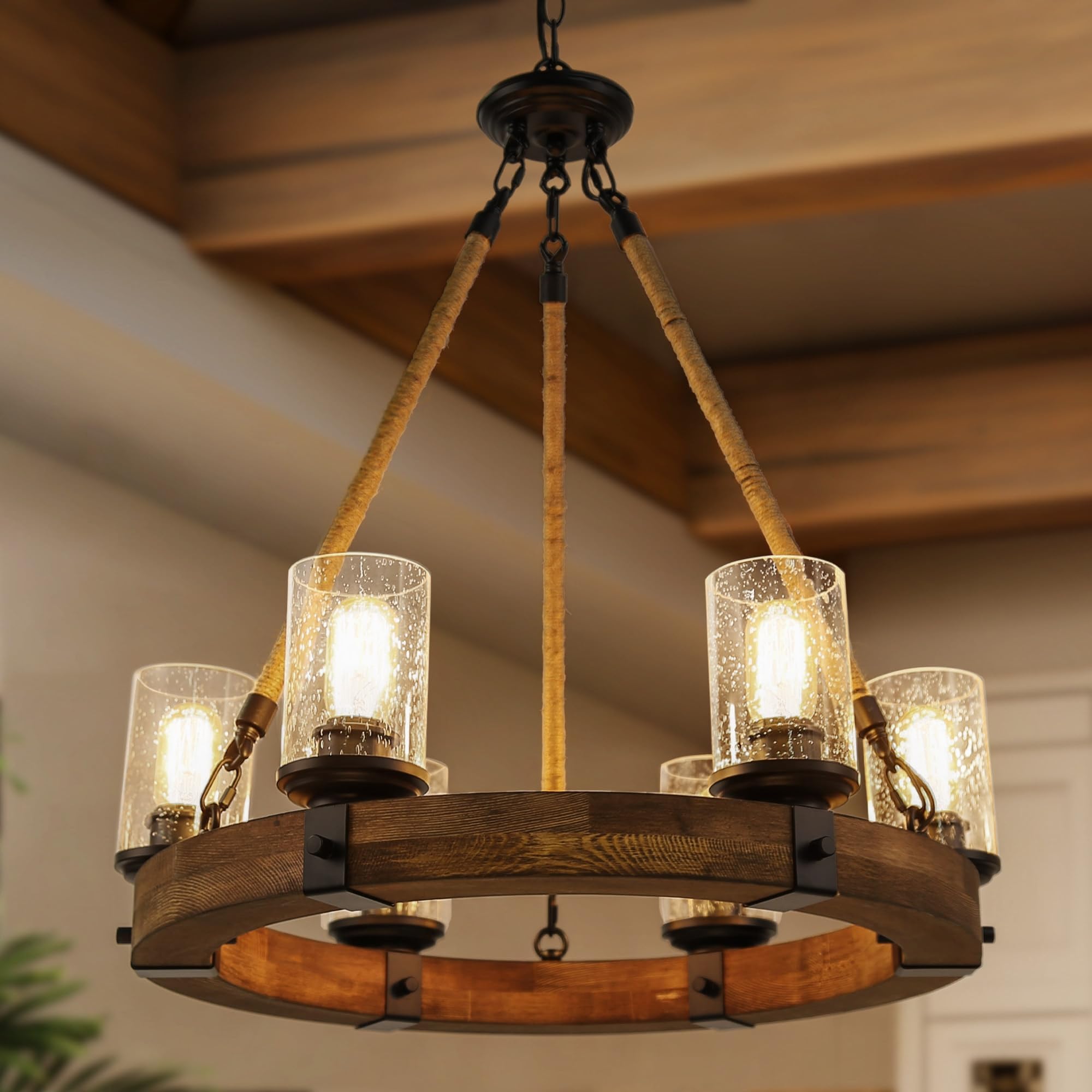 GEPOW Farmhouse Wood Chandelier, Round Wagon Wheel Light Fixture with ...