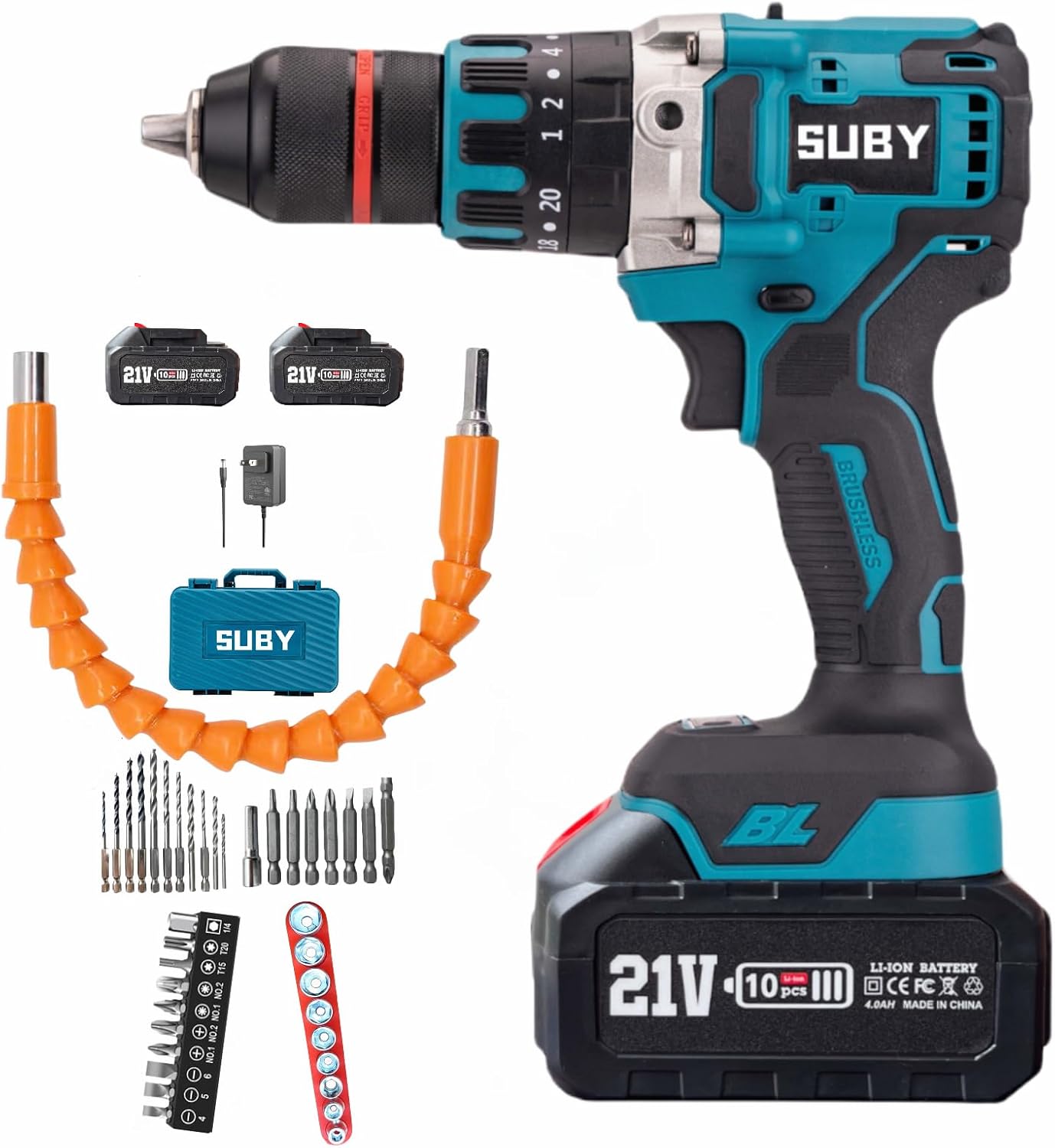 SUBY 21V Cordless Drill,2X4.0Ah Lithium-Ion Battery Pack,Brushless 3-in ...