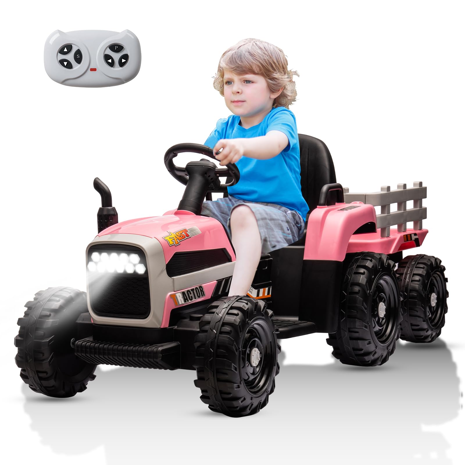 24V Kids Ride on Tractor with Trailer, Dual 200W Motors Boost Power ...