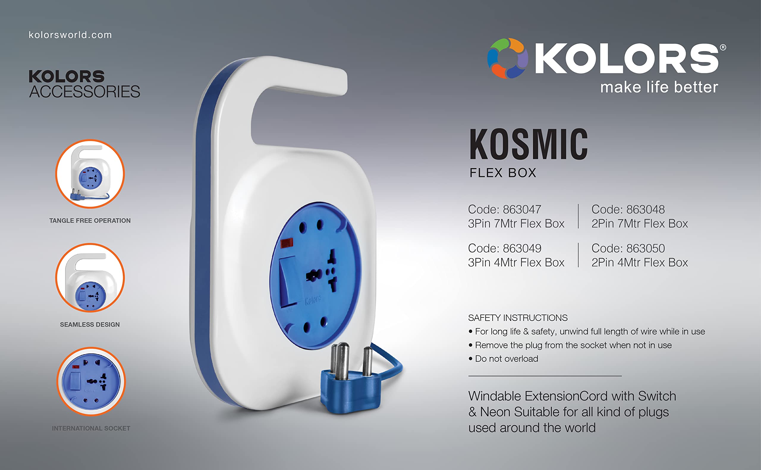 Buy Kolors Flex Box, 3 pin, Extension Cord, Extension Box, Power Strip ...