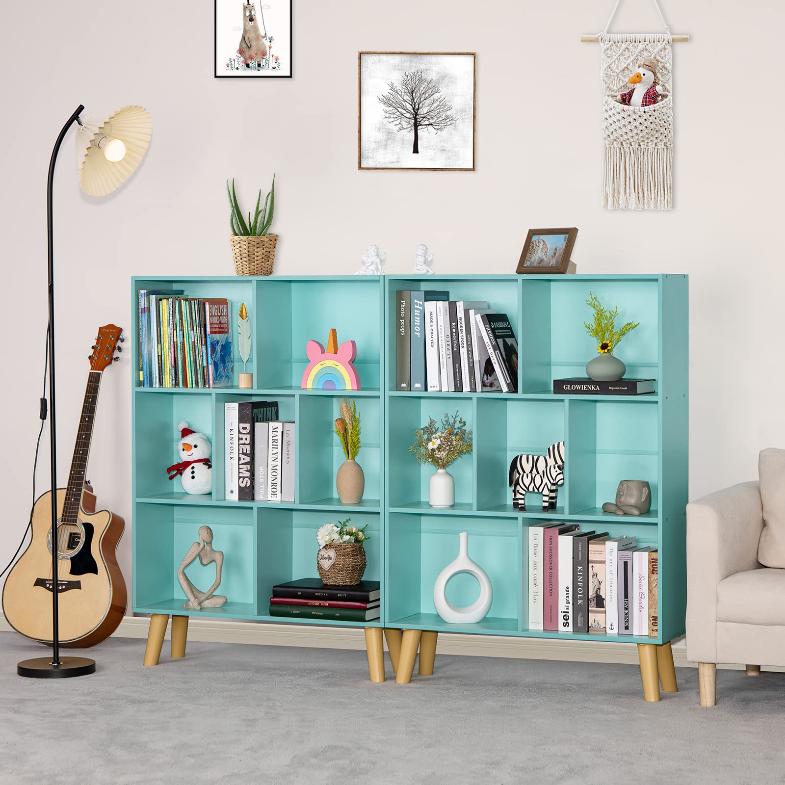 7 Cube Bookshelf 3-Tier Bookcase with Legs, Mint-Green Kids Book Shelf ...