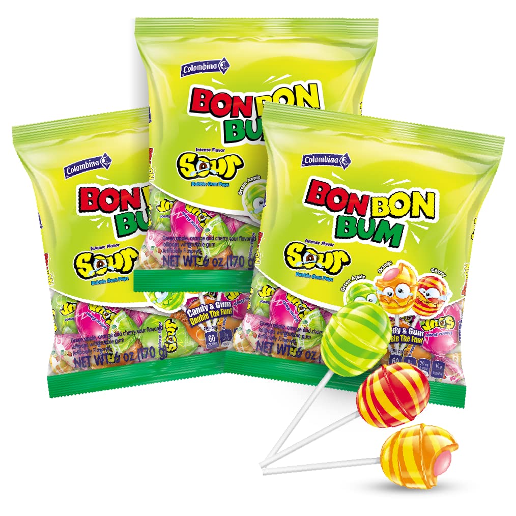 Amazon.com : Colombina Bon Bon Bum Lollipops w/Bubble Gum Center - 3 ...