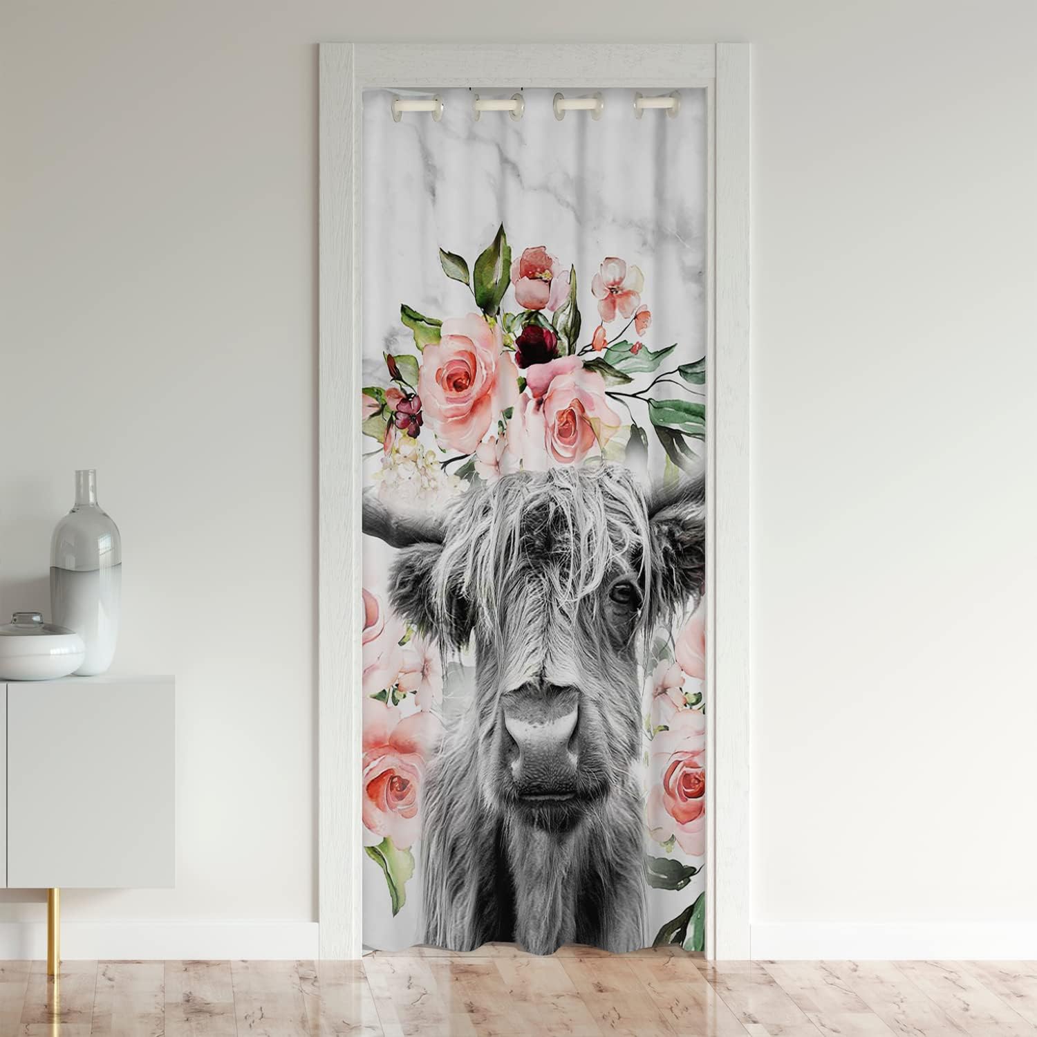 Amazon.com: Highland Cow Flower Door Curtain, Bull Cattle Blackout ...