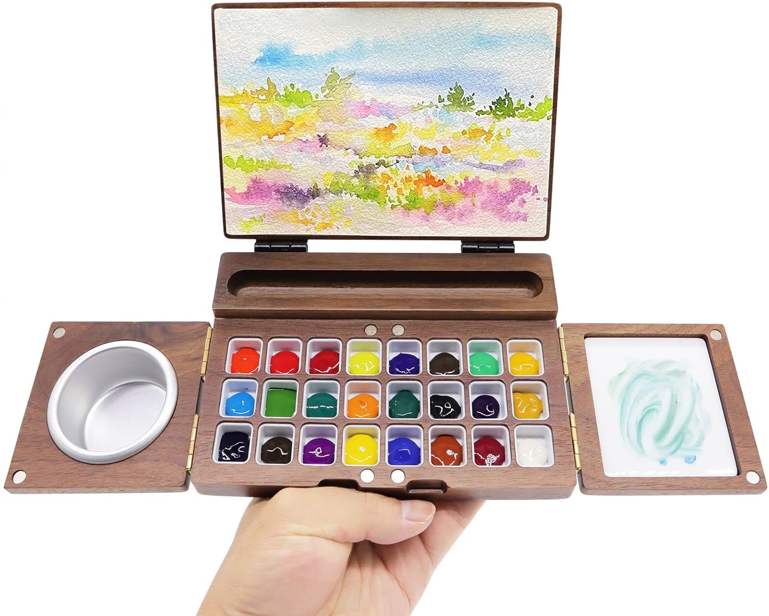 Amazon.co.jp: gardorw ポータブル折りたたみ式水彩パレット 三つ折り水彩画ボード 木製トラベルペイントボックス 24色 ...