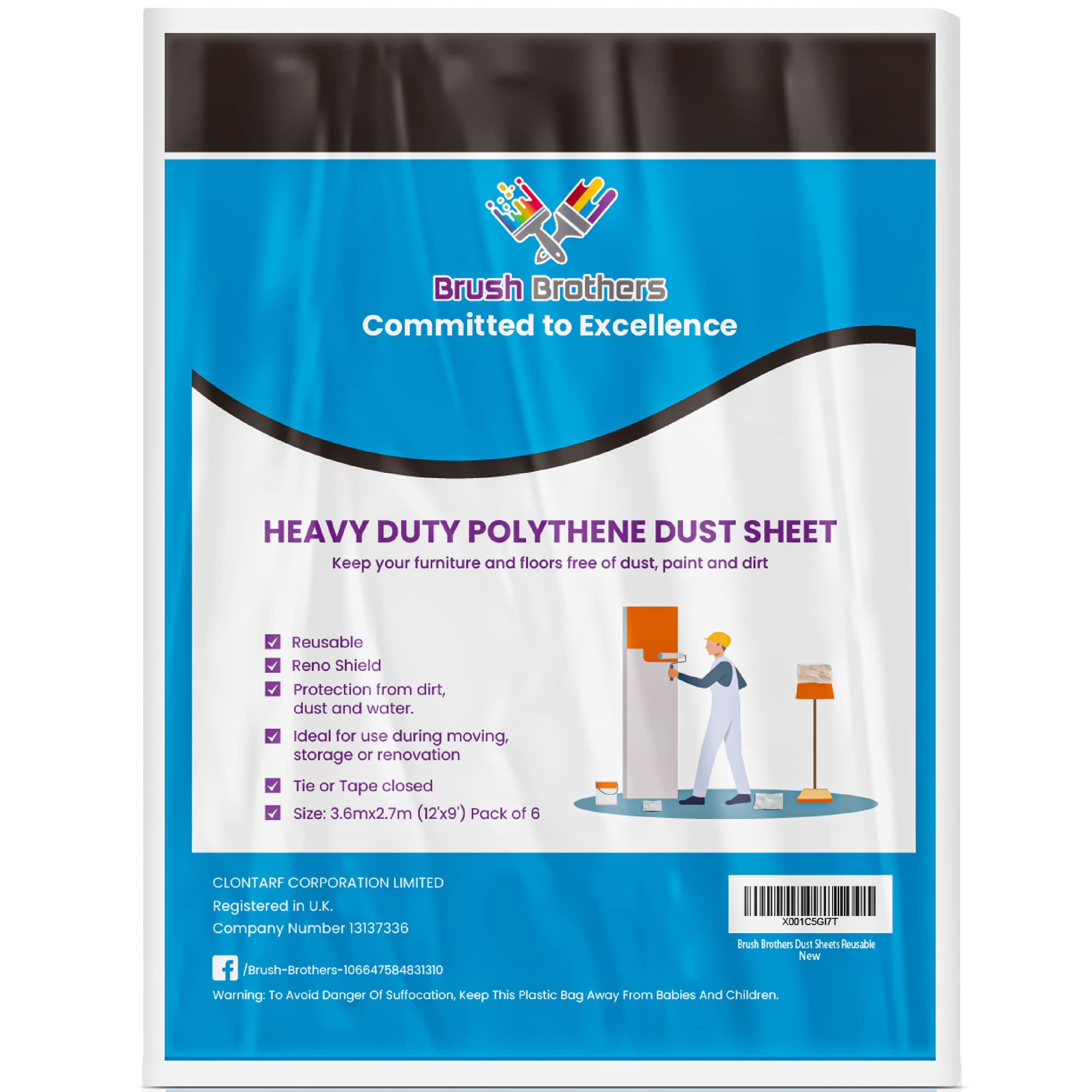 Buy Brush Brothers Plastic Dust Sheets for Decorating Sheets,6 Pack 3 ...