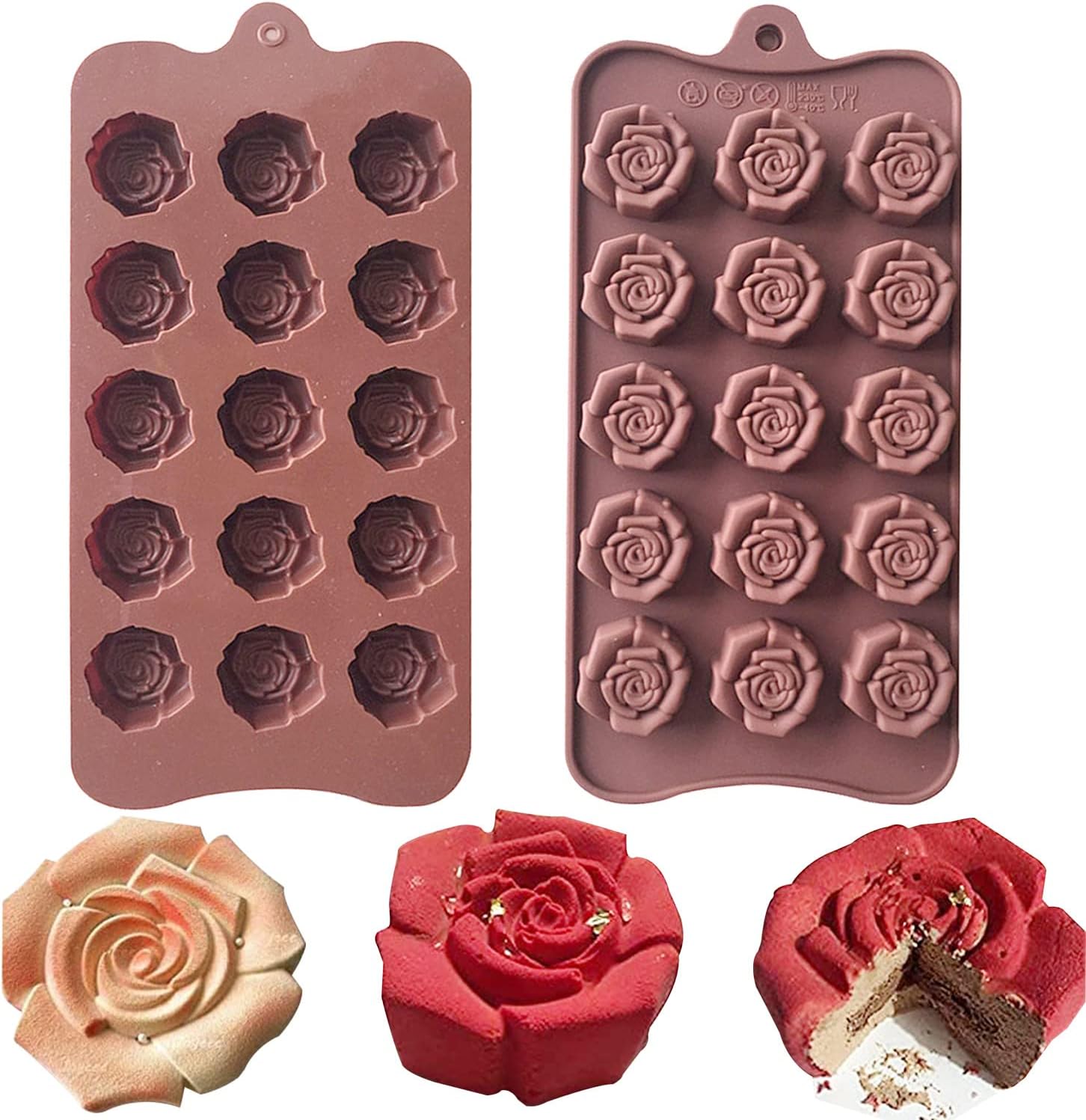 2 Pack Chocolate Silicone Molds Candy Mold， Rose Flower Shape Baking ...