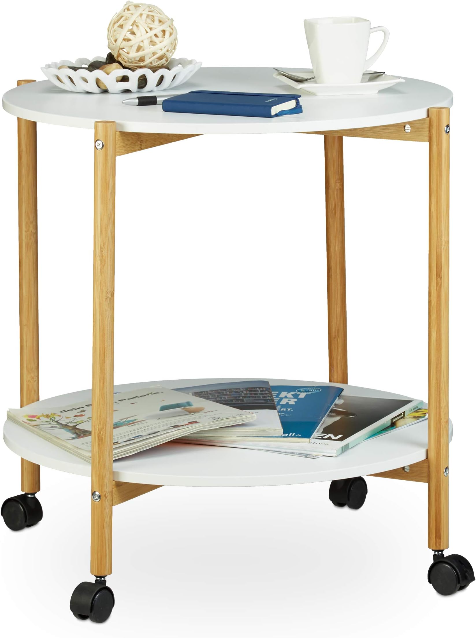Relaxdays Side Table on Castors, Round Two-Storey Coffee Table, End ...