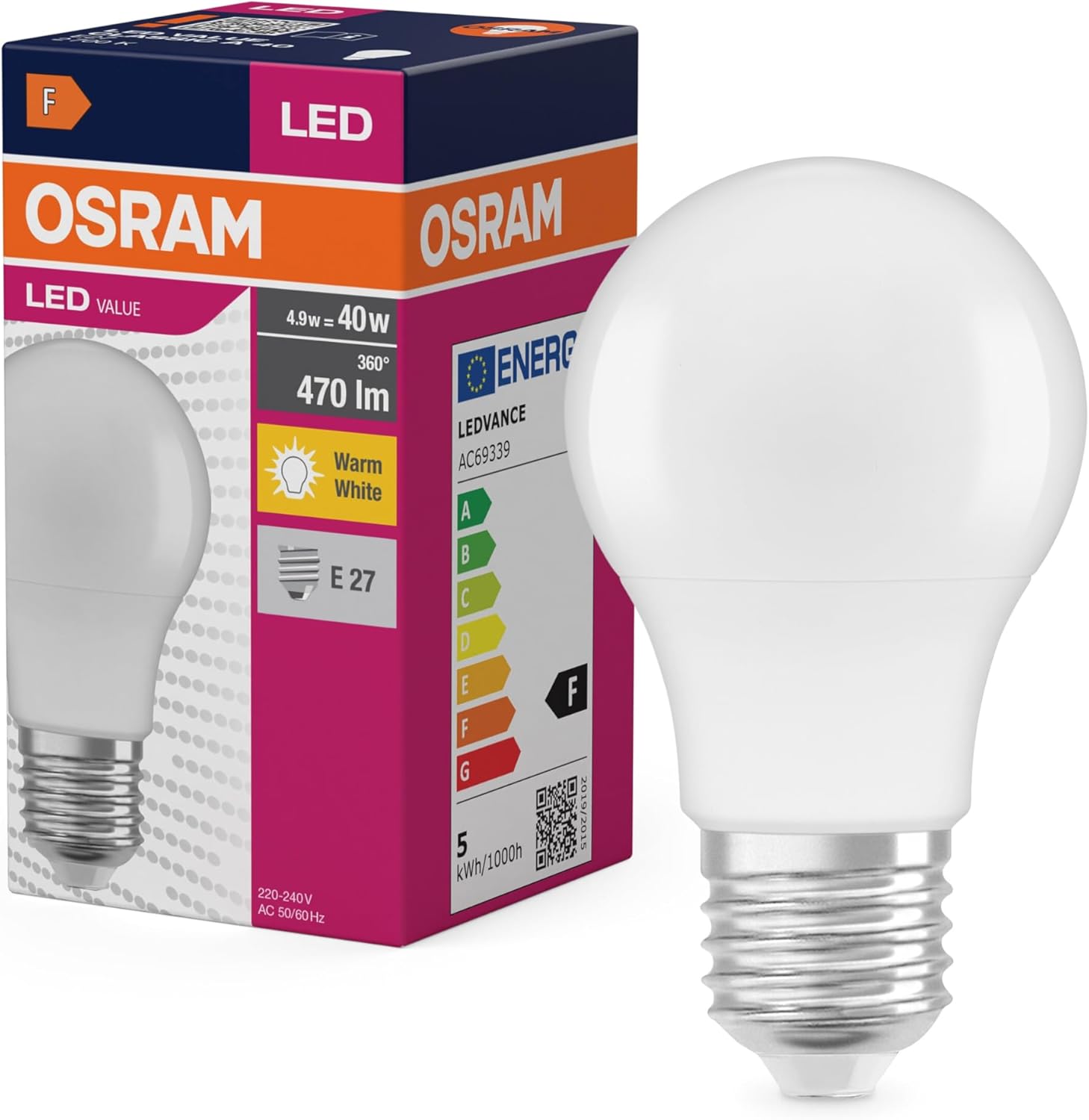 OSRAM LED Star Value Classic A40 LED Bulb for E27 Socket, Pear Shape ...