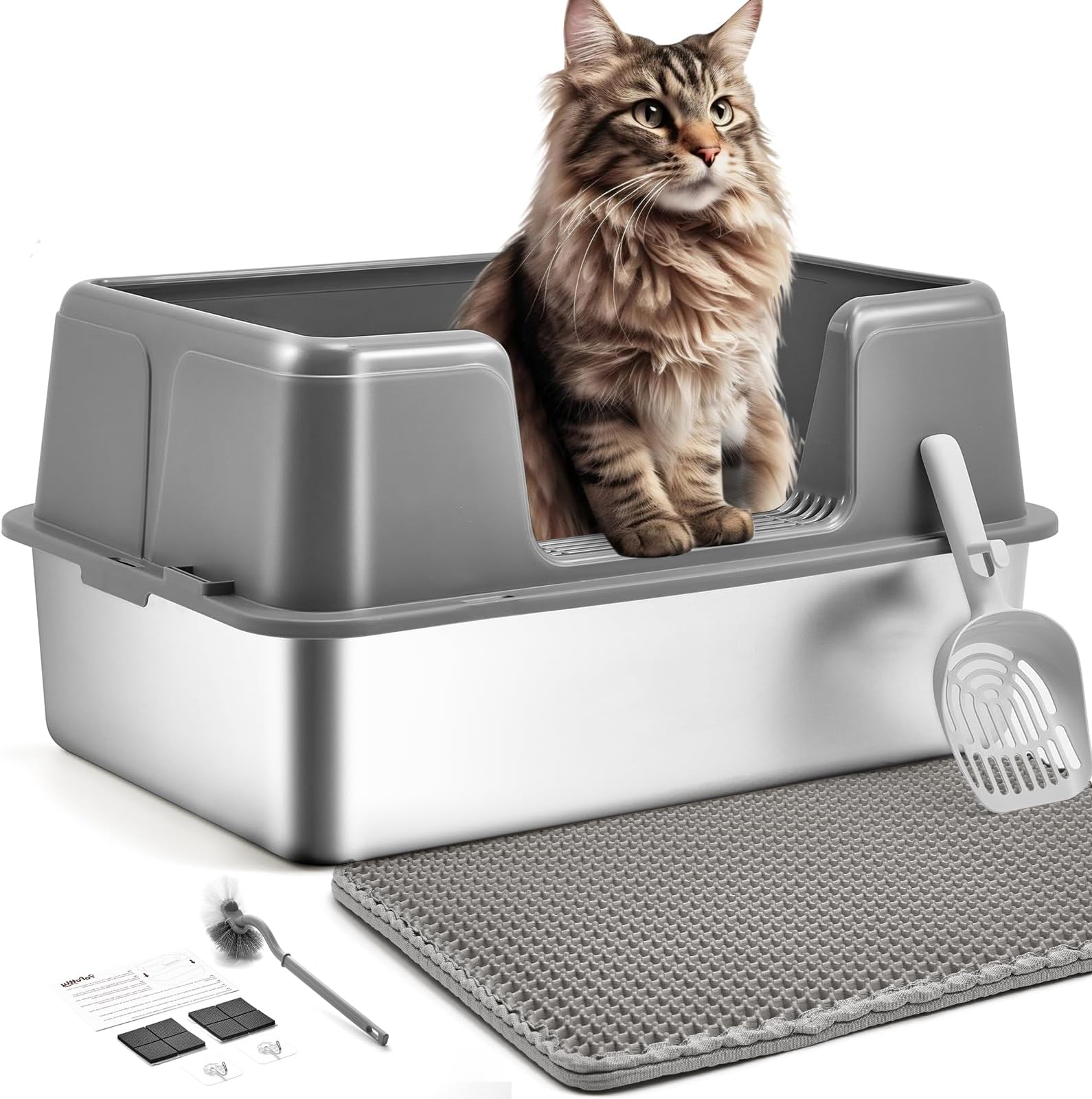 Papettly Cat Litter Tray Stainless Steel XXL, Litter Box Cat Litter ...