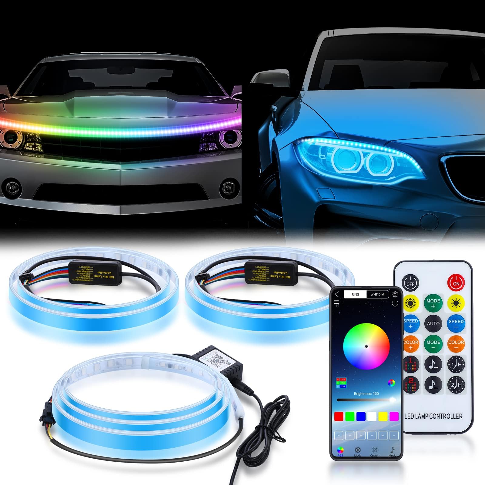 Amazon.com: 3 Pcs 70'' and 24'' Car Hood LED Light Strip Dynamic Car ...