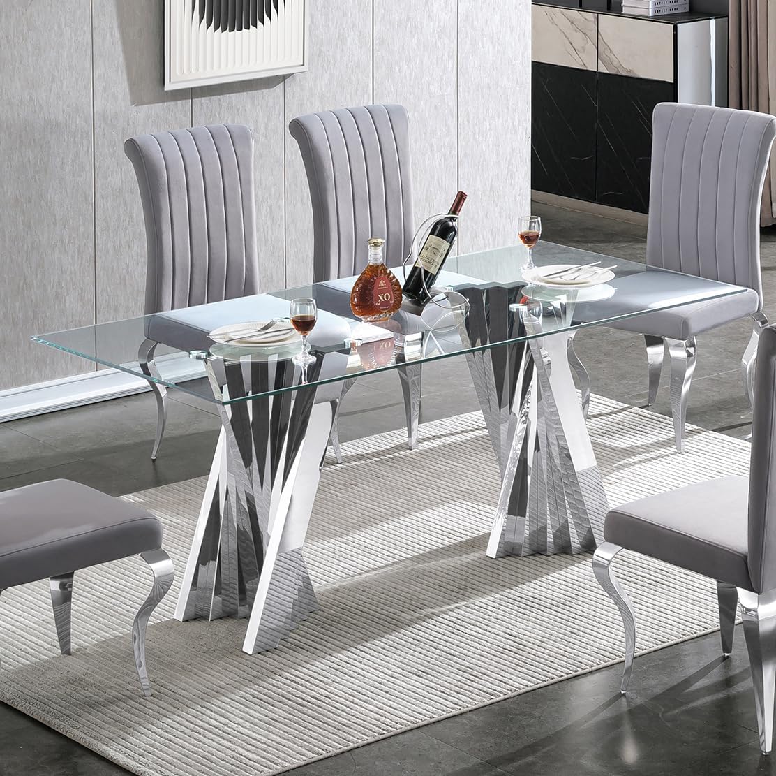 Amazon.com - Maotifeys Luxury Glass Dining Table for 6-8 Silver 70 ...