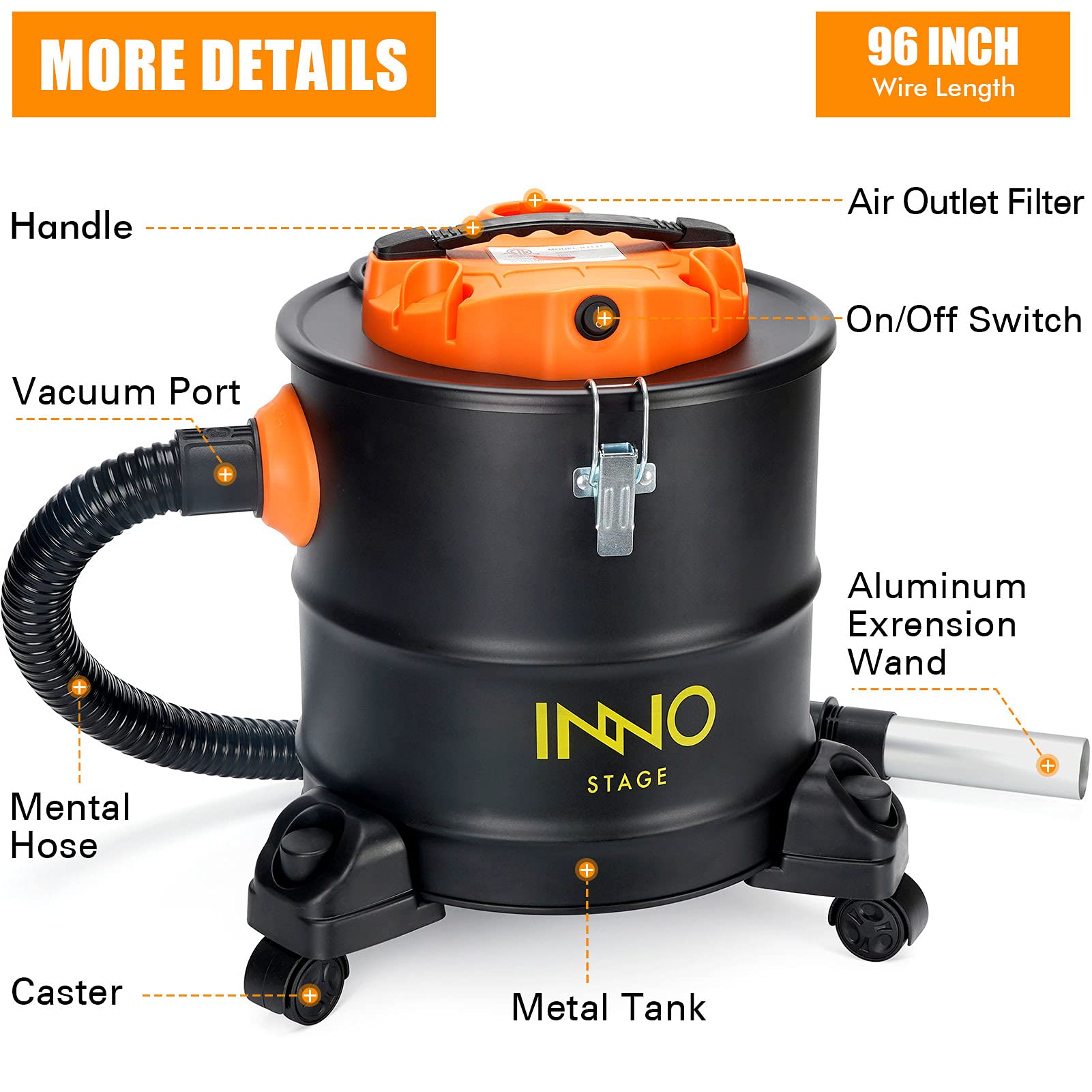 5-Gallon Ash Vacuum Cleaner with Wheels, 1200W Powerful Suction Ash Vac ...