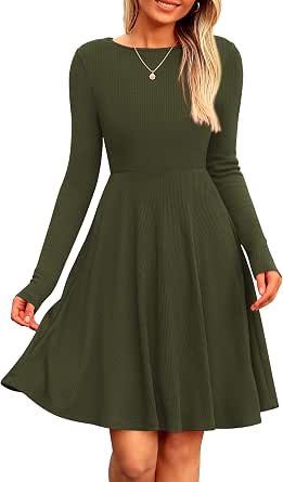 PRETTYGARDEN Women's Spring Fall Short Dress Ribbed Knit Crewneck Long ...