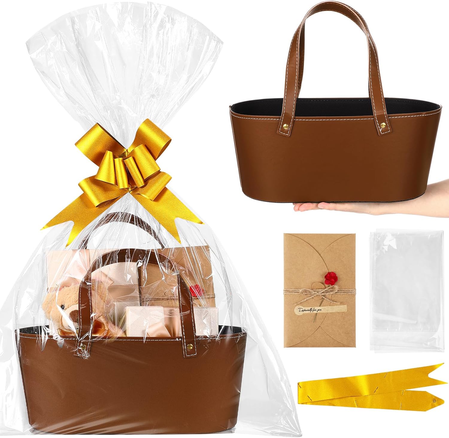 Amazon.com: Wonderjune Leather Empty Gift Basket with Gift Bags Ribbons ...