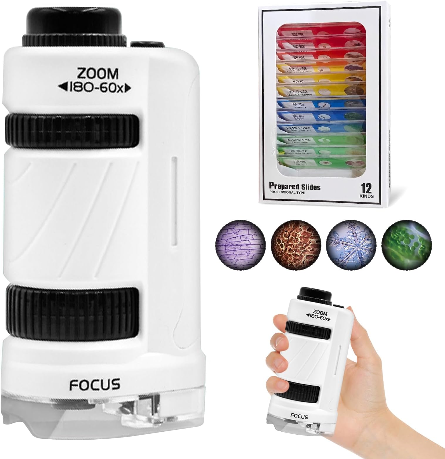 Mini Mikroskop für Kinder,60X-180X Taschenmikroskop mit LED und mit 12 ...