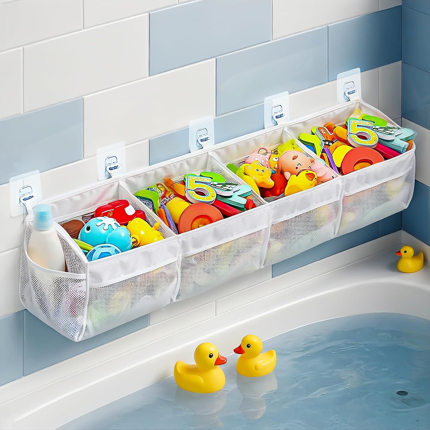 Bath Toy Storage Organizer - 4 Compartment Horizontal Large Openings ...