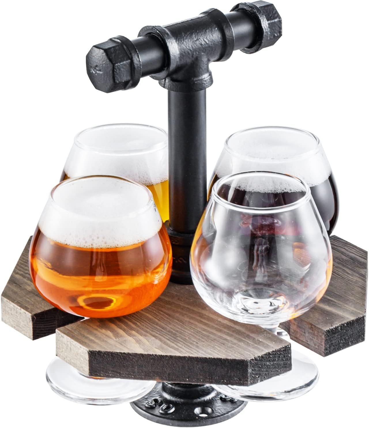 Amazon.com | MyGift Burnt Solid Wood Geometric Beer Flight Server Set ...