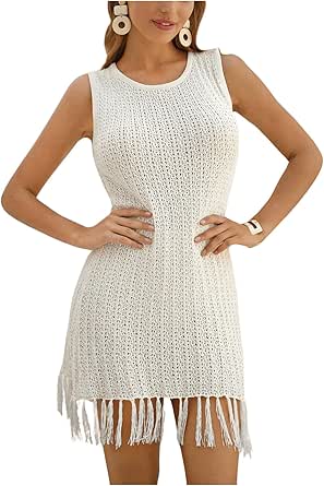 Amazon.com: GORGLITTER Women's Fringe Sweater Dress Trim Crochet ...