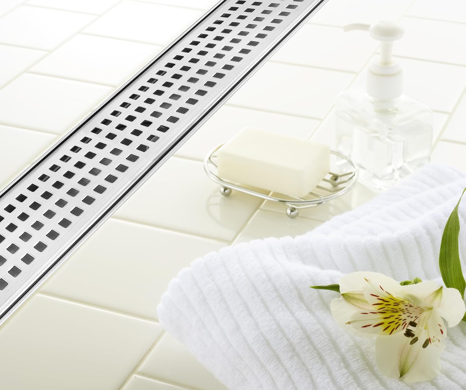 DreamDrain 42" Brushed Steel Linear Drain with Square Pattern Grate ...