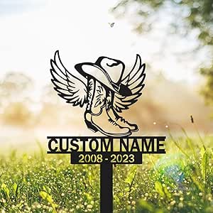 Ineidolin Custom Name Cowboy Memorial Stake, Cowboy Boot Hat with Wings ...
