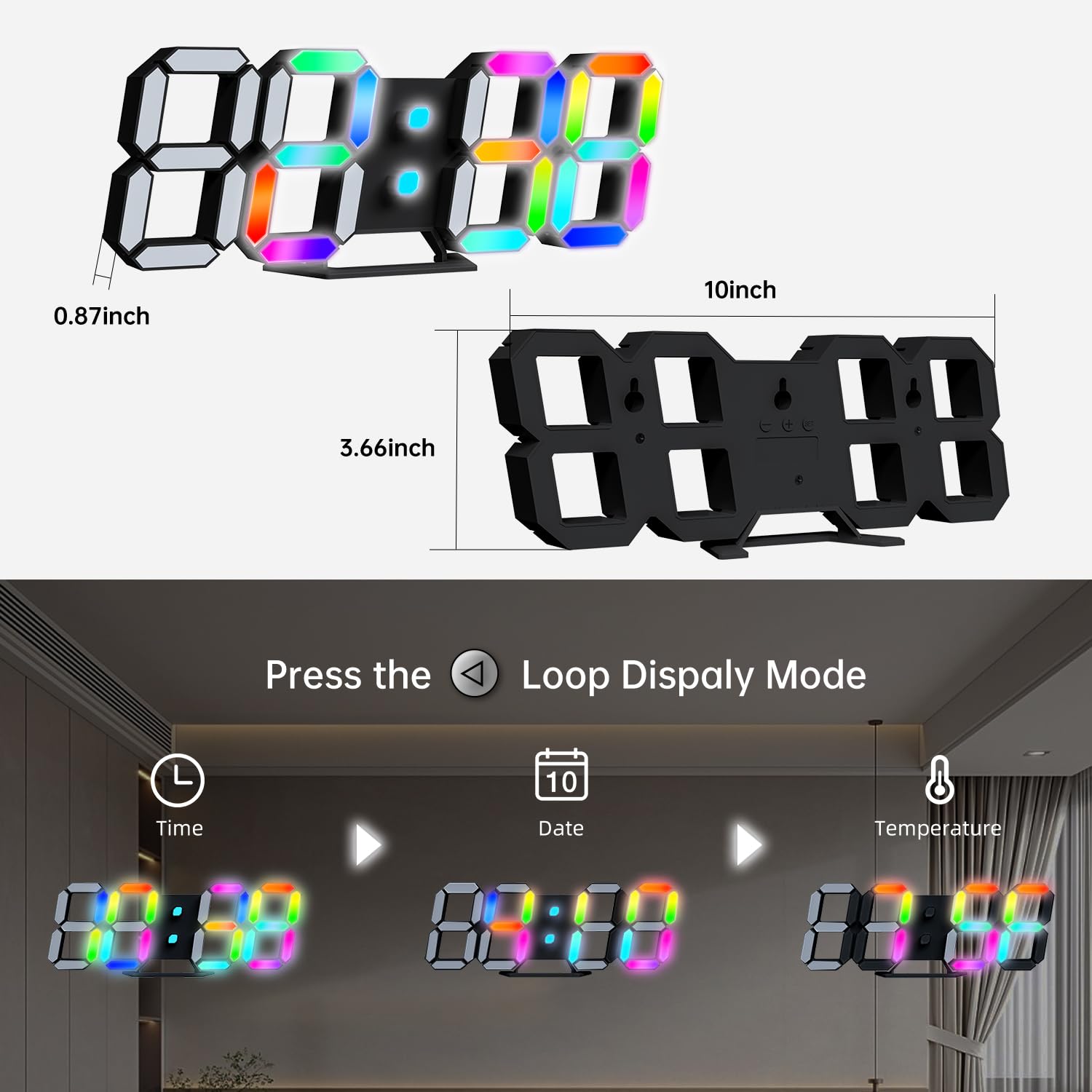 COVERY 3D LED Digital Desk Clock, 10 '' Big Colorful Number Wall Clocks ...