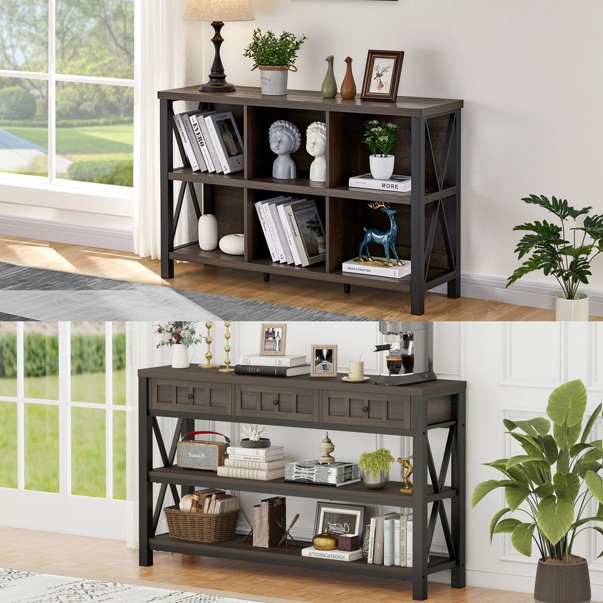 Amazon.com: FATORRI Console Table and 6 Cube Storage Organizer (Walnut ...