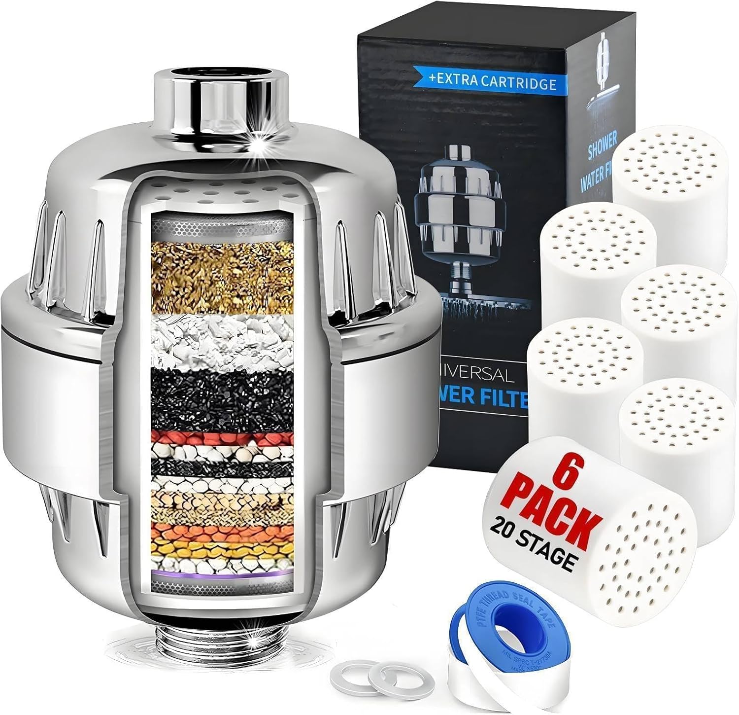 Shower Head Filter with 6 Pack Cartridges for Hard Water,20 Stage ...