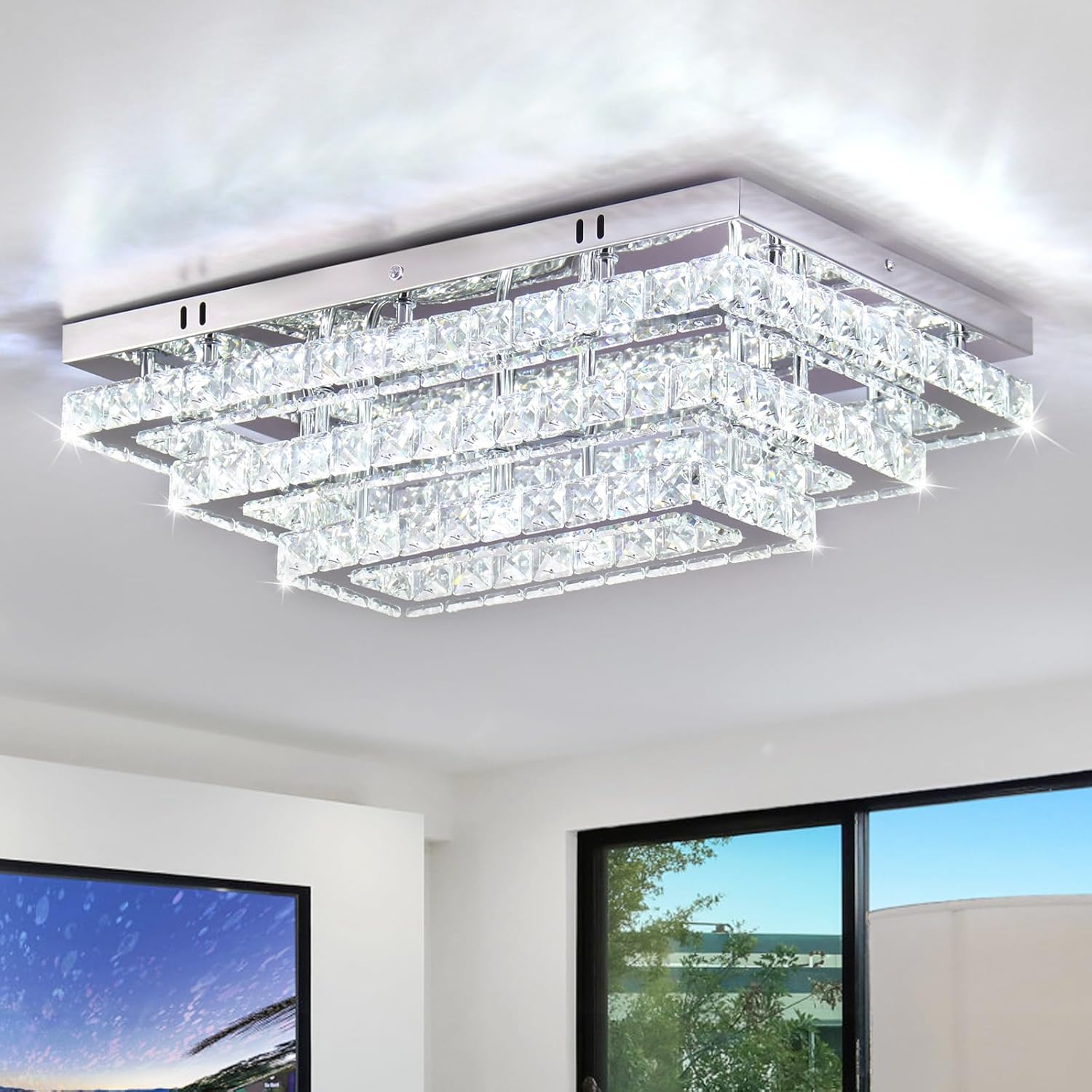 Finktonglan Modern Crystal LED Ceiling Light Fixture 20” Rectangular ...