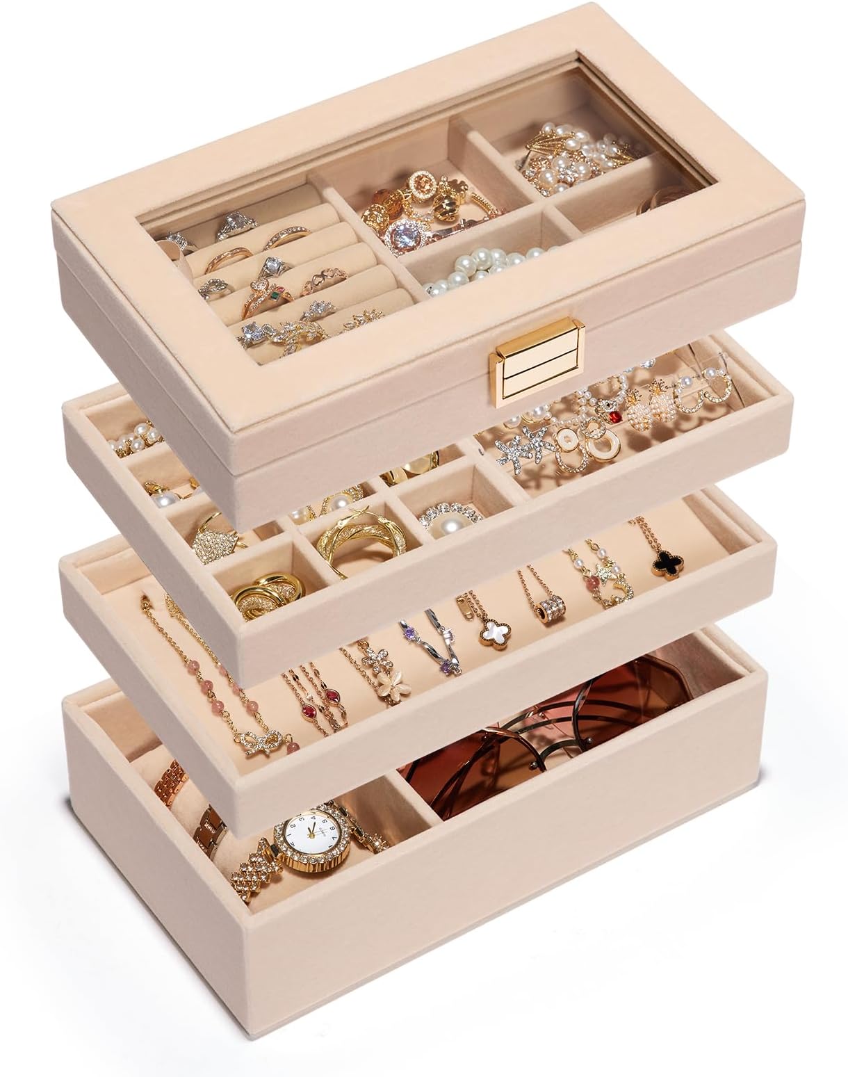 SONGMICS Stackable Jewellery Trays, 4-Tier Jewellery Box, Large ...