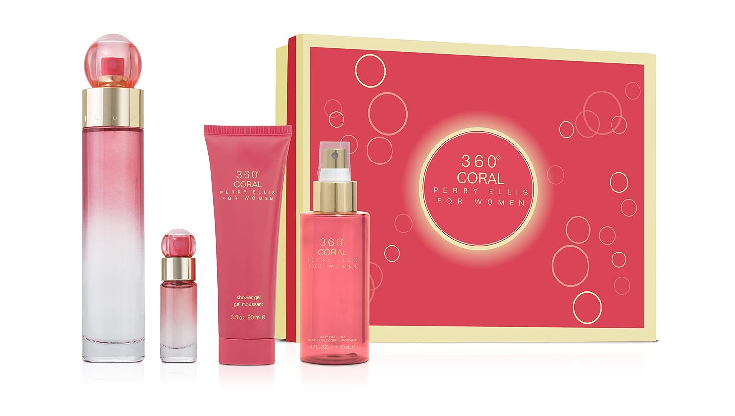 Amazon.com : Perry Ellis 360 Coral 3.4oz EDP Spray, 4oz Body Mist, 3oz ...