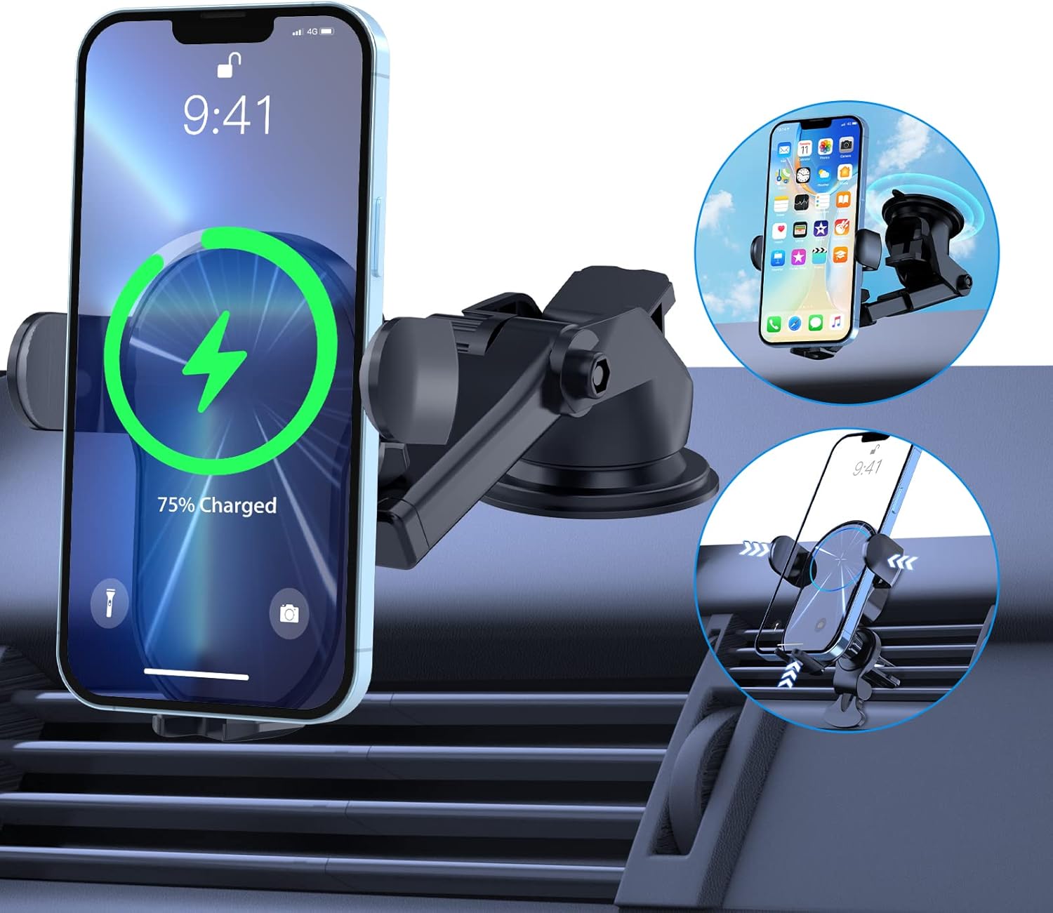 Wireless Car Charger Mount,15W Qi Fast Charging Car Mount,360°Rotation ...