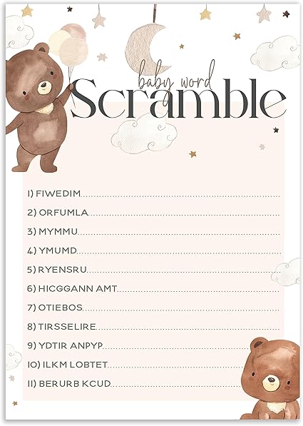 Bear Theme Baby Shower Games - Pack of 20 Cute Bear Baby Word Scramble Cards Boy Girl Baby ...