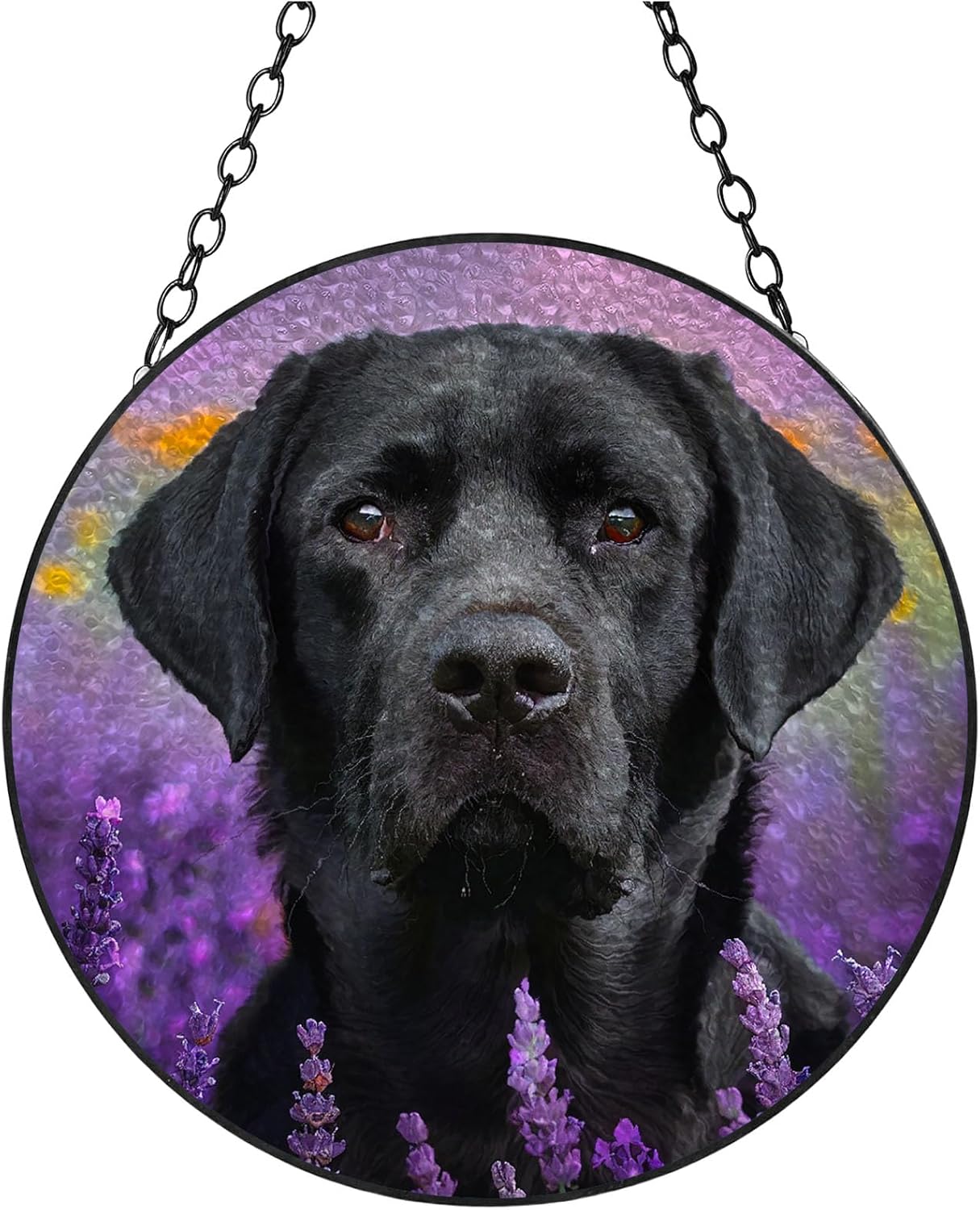 Amazon.com: Black Labrador in Lavender Flowers Stained Glass Suncatcher ...