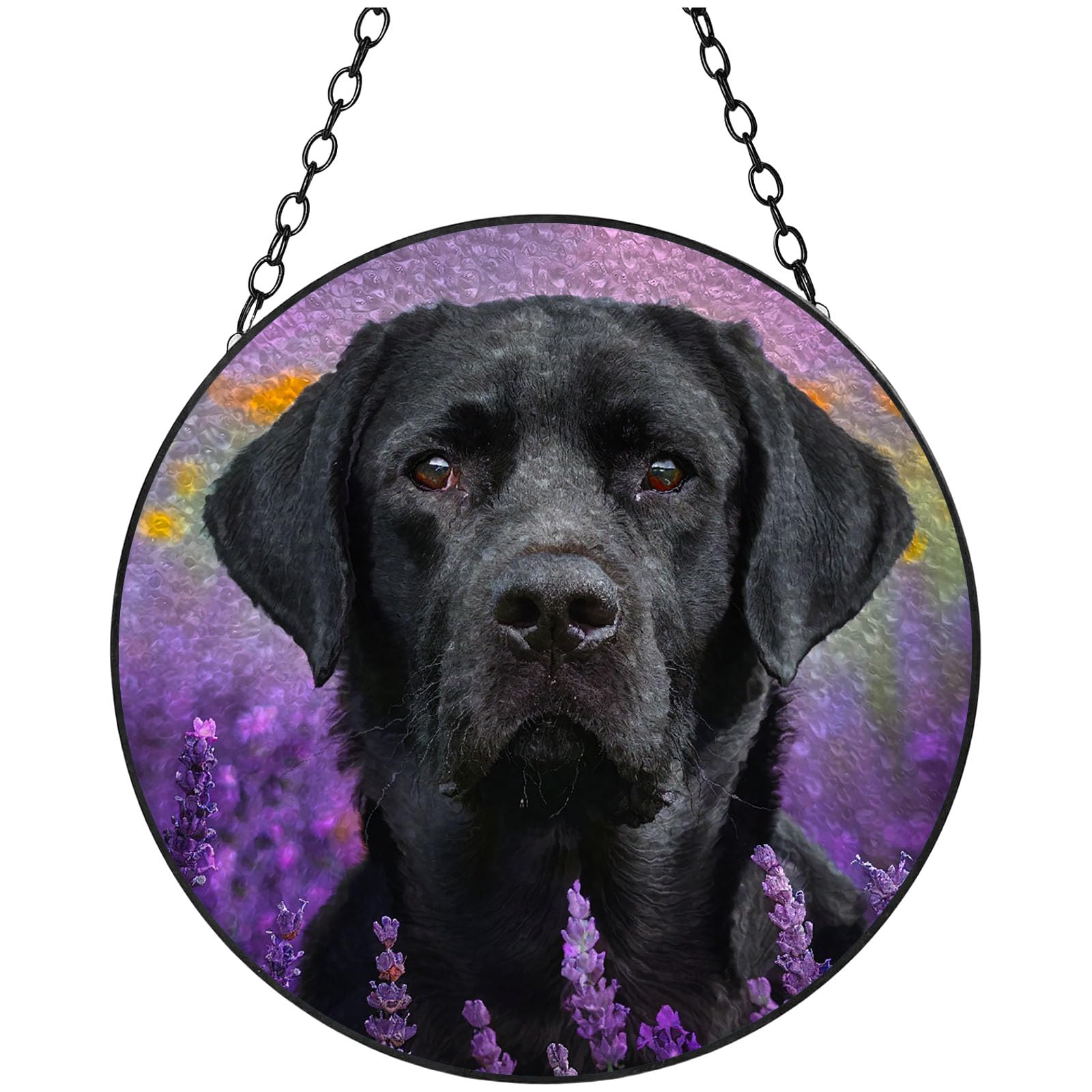 Amazon.com: Black Labrador in Lavender Flowers Stained Glass Suncatcher ...