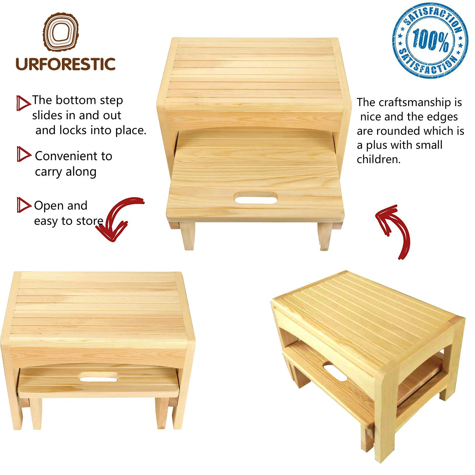 URFORESTIC Handcrafted 100% Solid Wood Bed Step Stool-Foot Stool ...