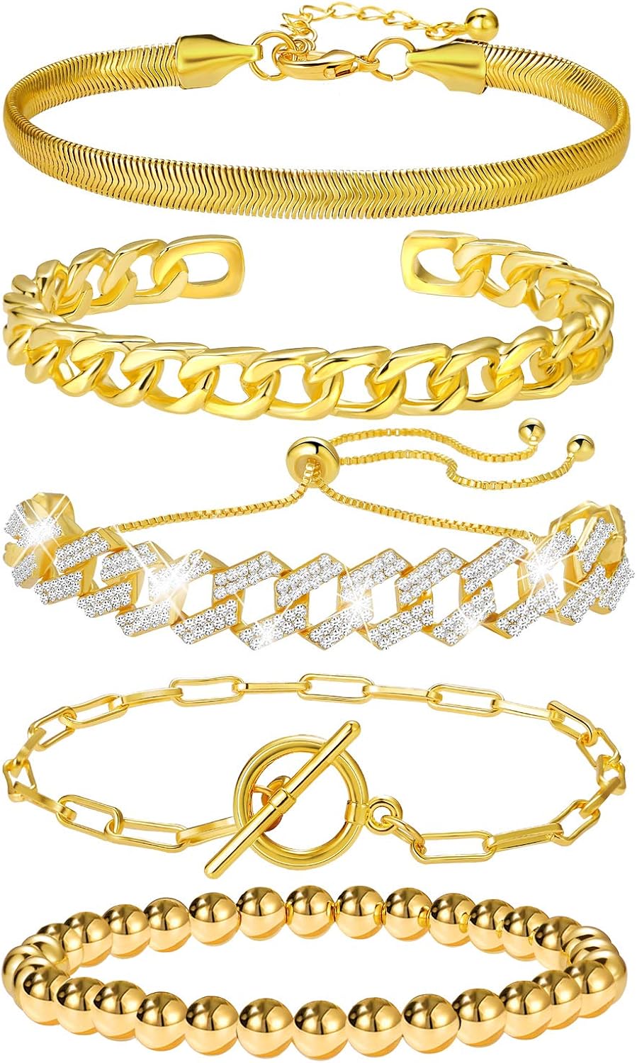 5 Pcs Gold Chain Link Bracelet For Women,14K Gold Plated Dainty ...