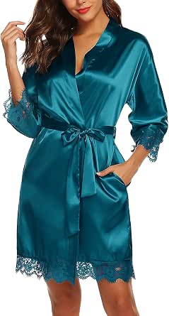 URRU Womens Satin Silk Bathrobe Oblique V-Neck Short Kimono Robe ...
