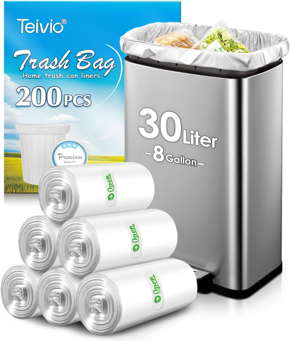 30 Liter 200 Counts Strong Unscented Medium Trash Bags,Fit 8 Gallon ...
