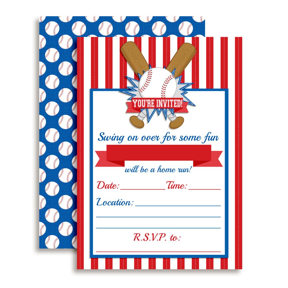 Amazon.com : Baseball Themed Birthday Party Invitations, 20 5"x7" Fill ...