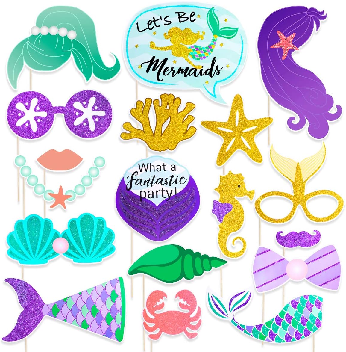 Amazon.com: 22 Pcs Mermaid Photo Booth Props, Pink Glitter Mermaid ...