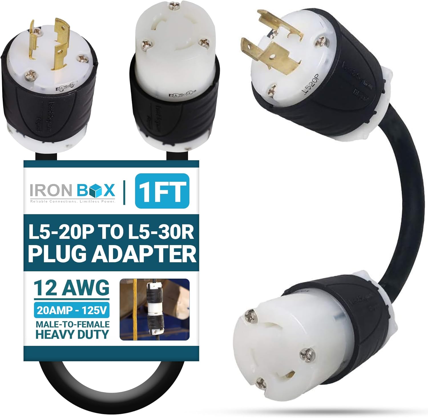 IronBox Electric NEMA L5-20P to L5-30R Plug Adapter Power Cord - 20A ...